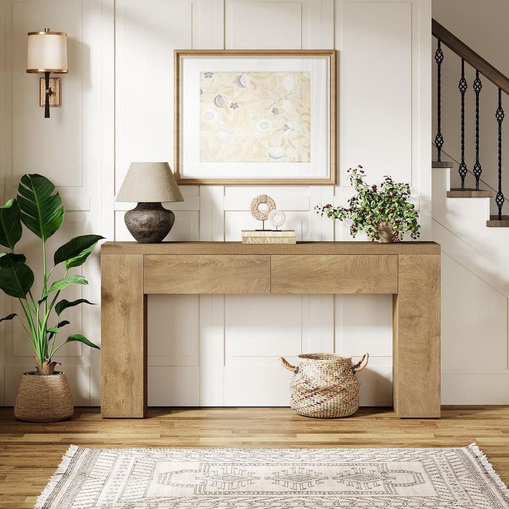 BYBLIGHT Turrella 63 in. Light Brown Console Tables, Rectangle Wood ...