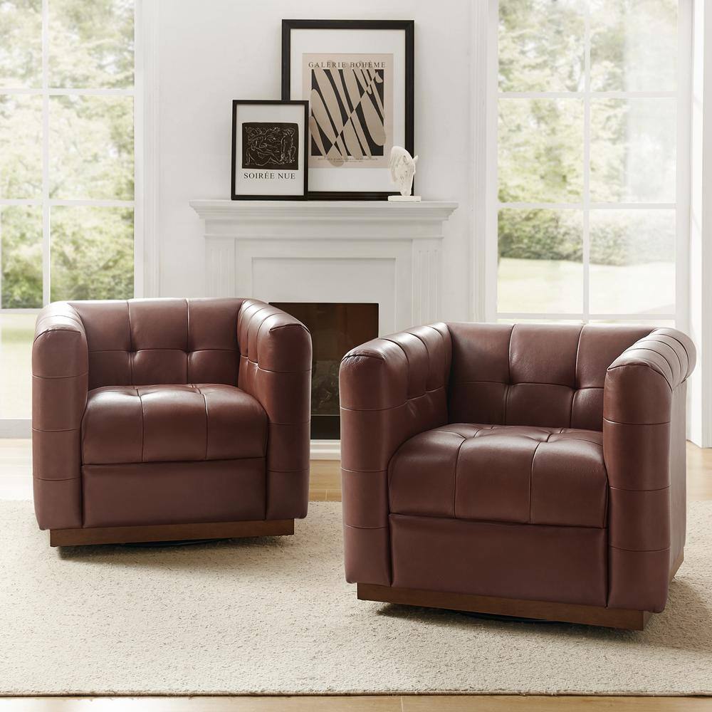 JAYDEN CREATION Gunther Brown Genuine Leather Swivel Club Chair Set of ...