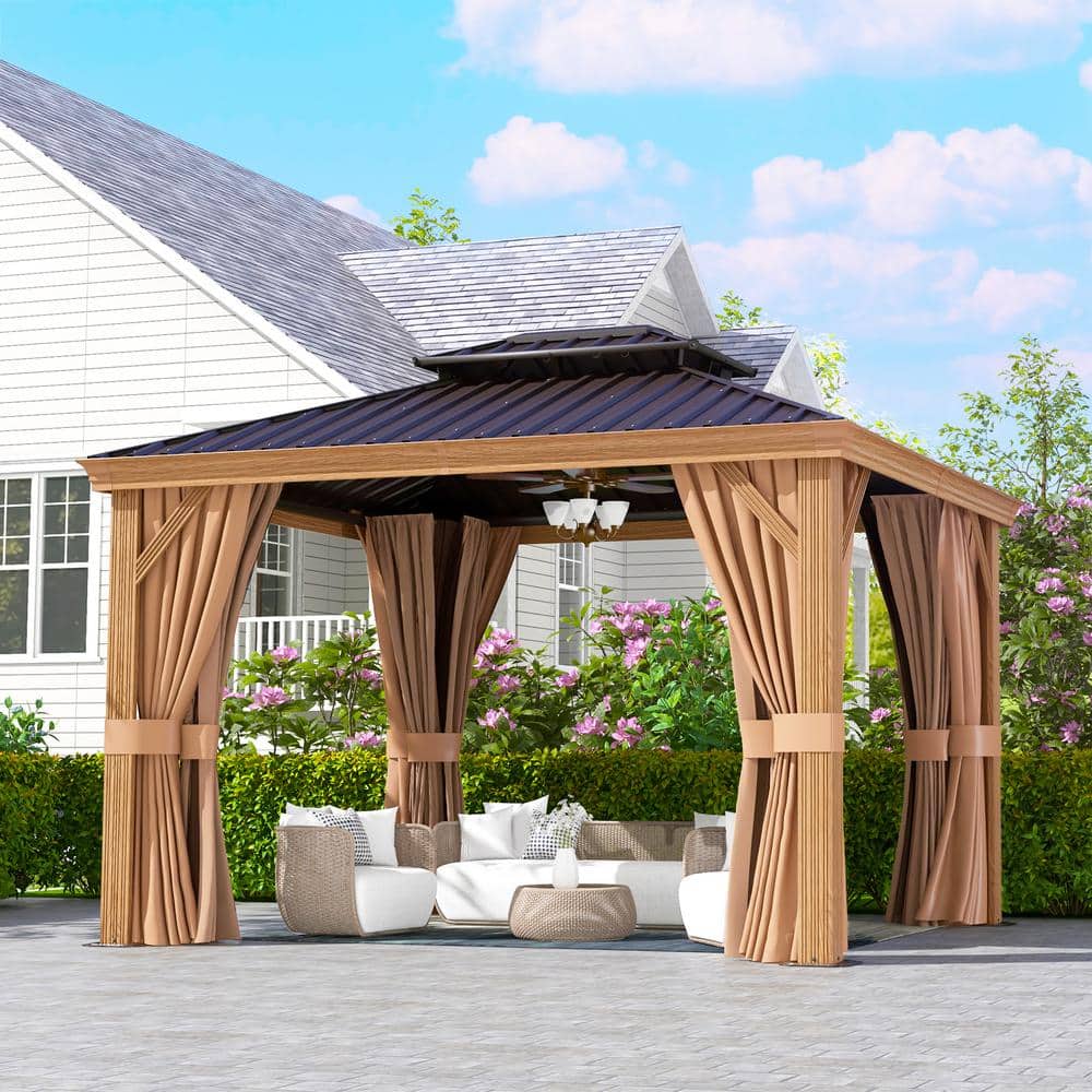 Sizzim 12 ft. x 10 ft. Outdoor Double Hardtop Gazebo, Wooden Finish ...