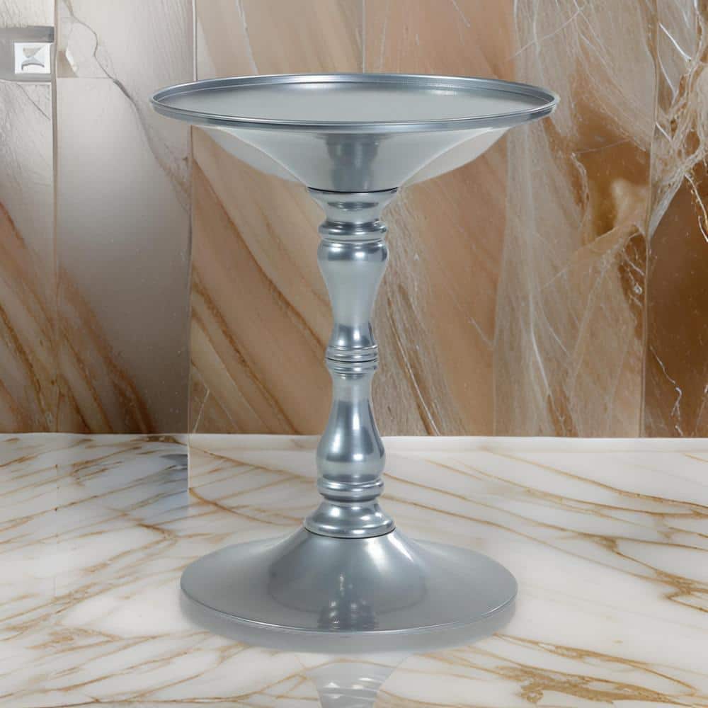 Benjara 18 in. Silver Round Metal End Table with Hourglass Turned Base ...
