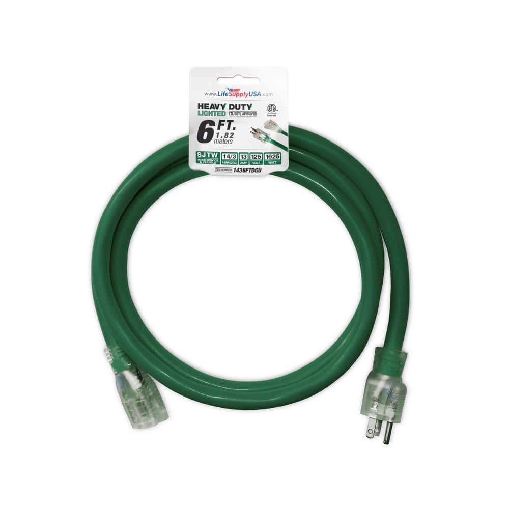 LifeSupplyUSA 6 ft. 14/3 SJTW 15 Amp 125-Volt 1875-Watt Dark Green ...