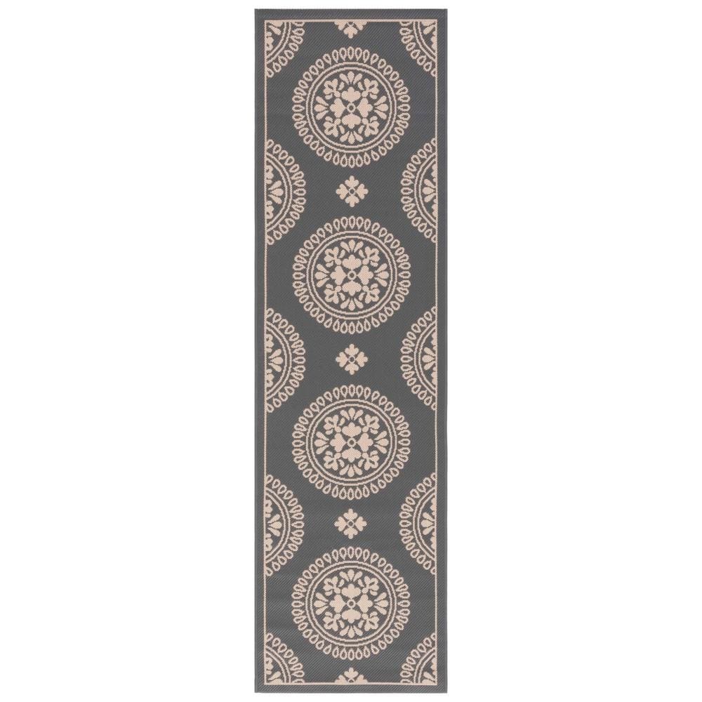 SAFAVIEH Courtyard Gray 2 ft. x 8 ft. Floral Geometric Indoor/Outdoor ...