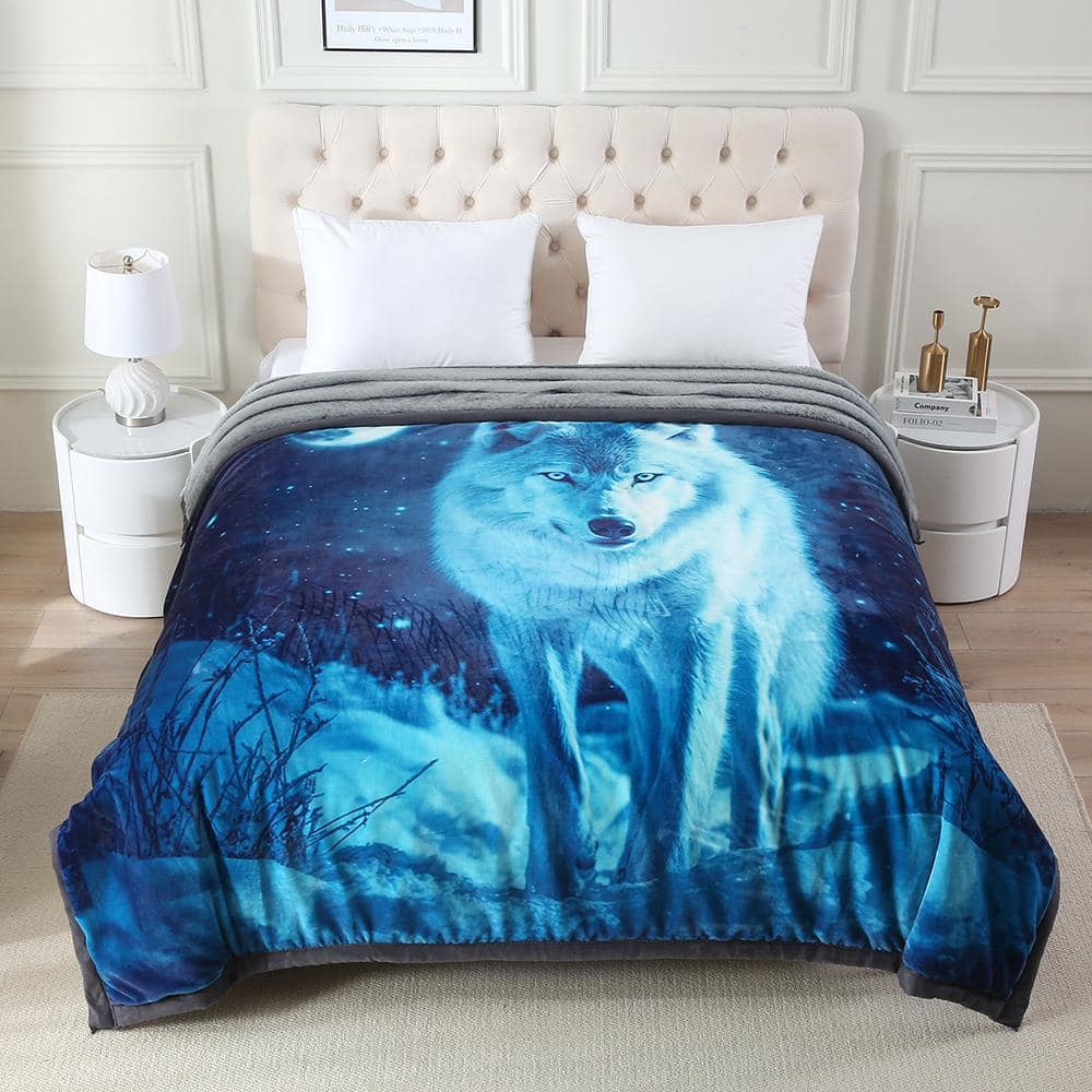 JML White Wolf Pattern Rabbit Fur Blanket Striped Microfiber Plush Bed ...