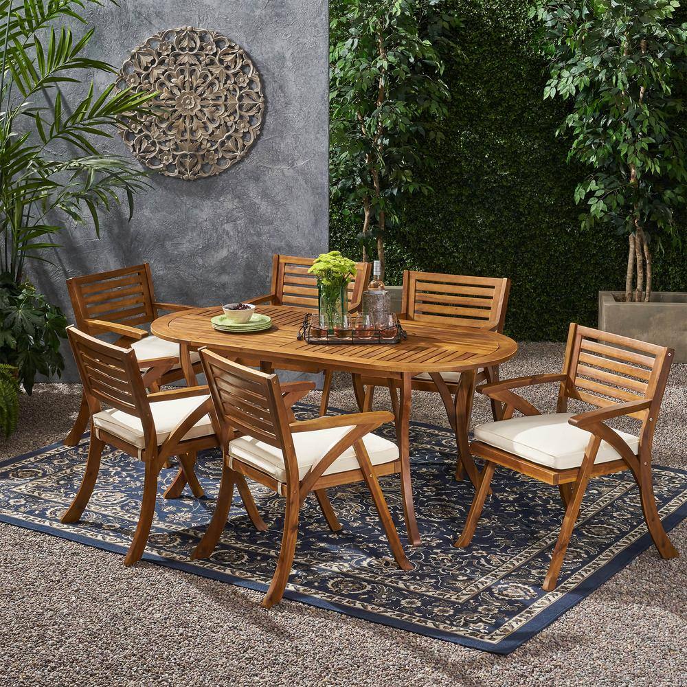 Noble House Hermosa 30 in. Teak Brown 7-Piece Wood Oval Outdoor Patio ...