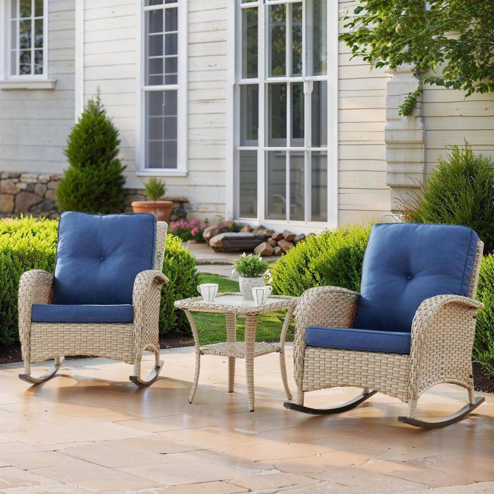 Bestier Beige 3-Piece Wicker Rocking Chairs Patio Conversation Seating ...