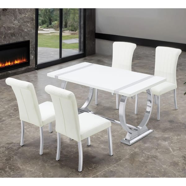 Furniture of America Kehla 5-Piece Rectangle Silver/White Wood Top ...