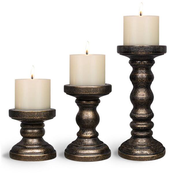 Set of 3 Rustic Wood Pillar Candle Holders Vintage Black and Gold Tall ...
