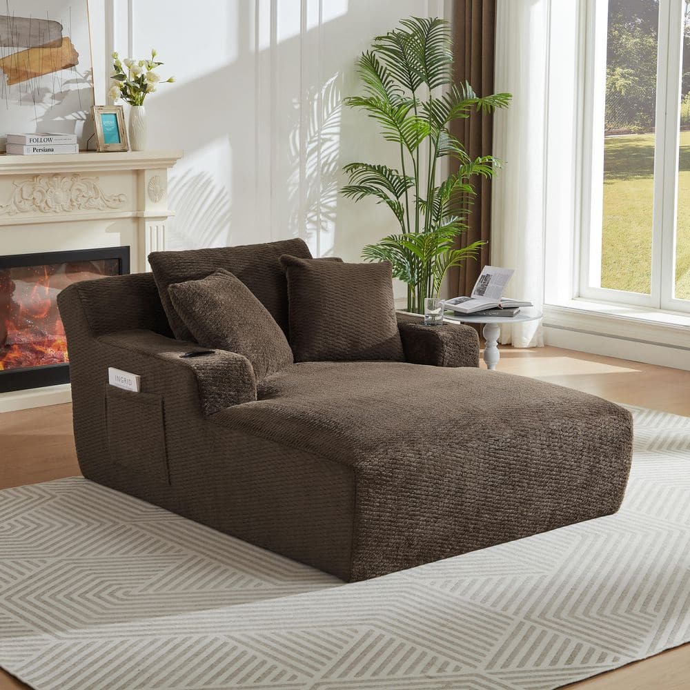 Seafuloy Dark Brown Suede Accent Arm Chair, Chaise Lounge with Holder ...