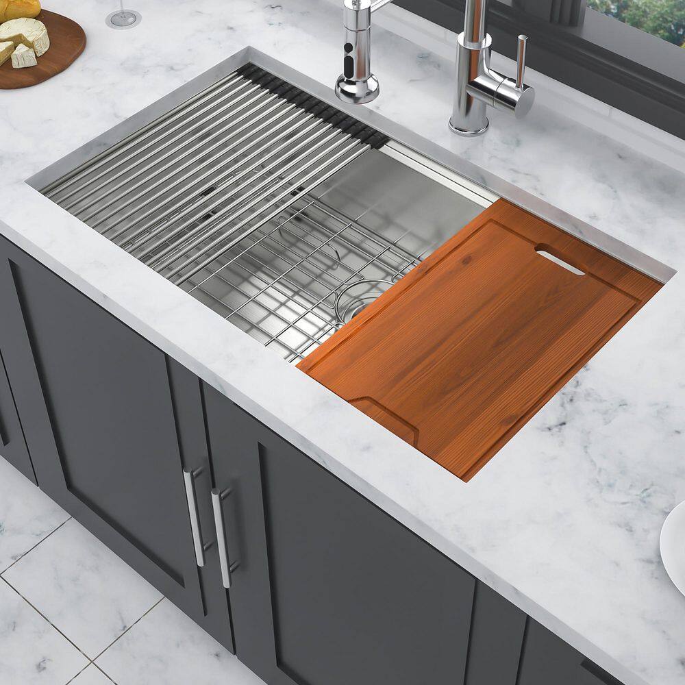 Timussi 30 in. Undermount Single Bowl 16 Gauge Brushed Nickel Stainless ...