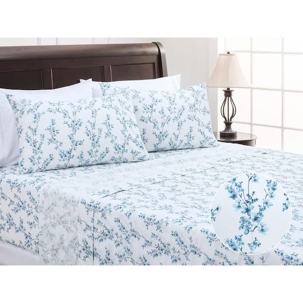 CHANASYA 4-Piece Floral Forsythia Blue Pattern Print Microfiber Bedsheets Set, King CAN-CS ...