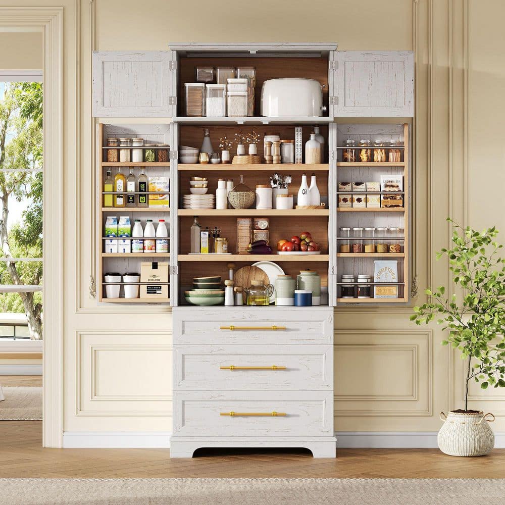 Polibi White MDF Wood 31.5 in. x 78.2 in. Pantry Cabinet with 3 ...