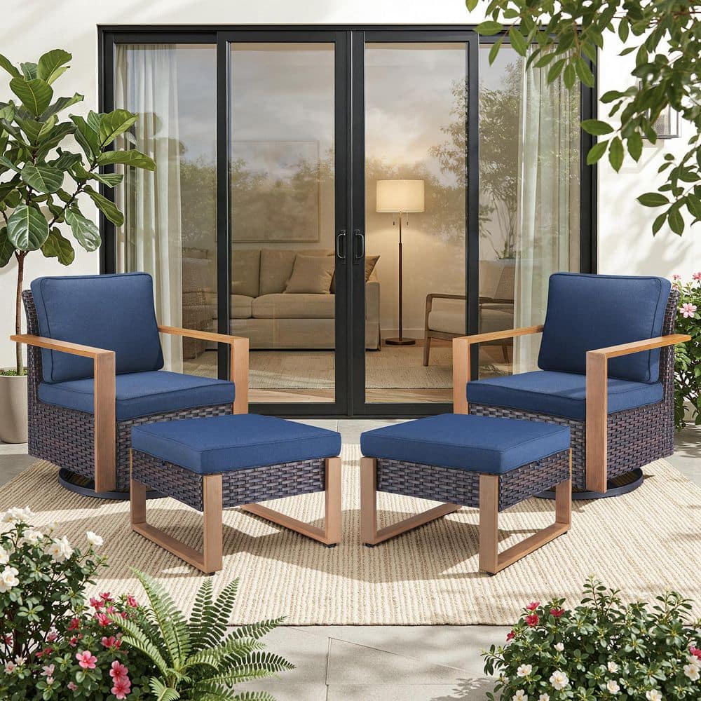 Gymojoy Allcot 4-Piece Brown Patio Swivel Chair with Ottoman Wicker ...