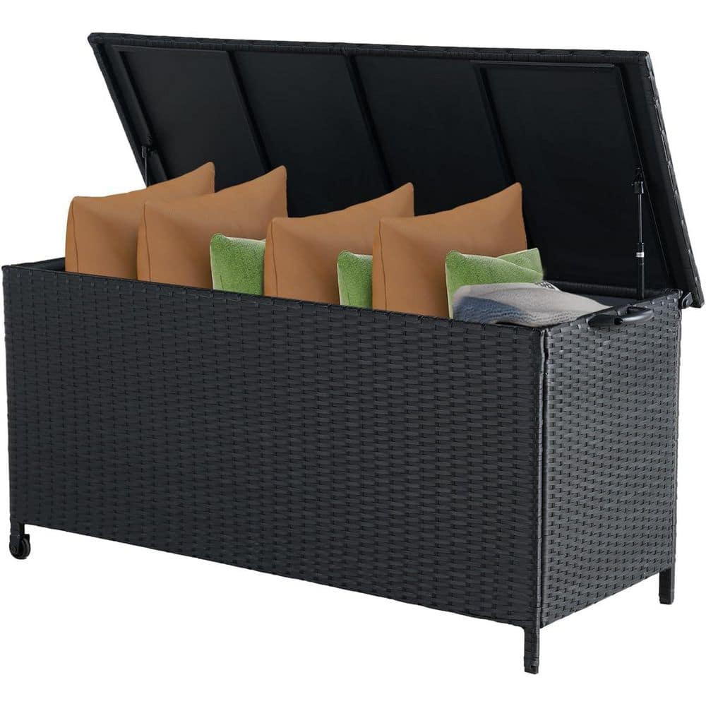 MEOOEM 108 Gal. Wicker Deck Box with Wheels, Indoor Outdoor Storage Bin ...