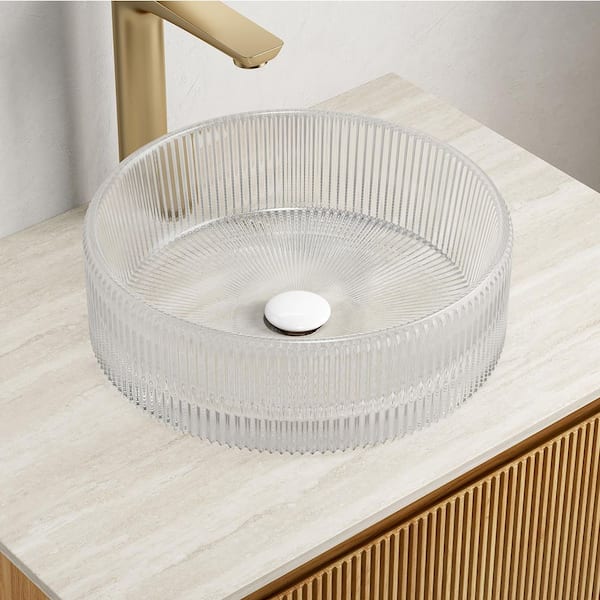 Boyel Living 14 in. Bathroom Sink Round Crystal Glass Basin No Faucet ...