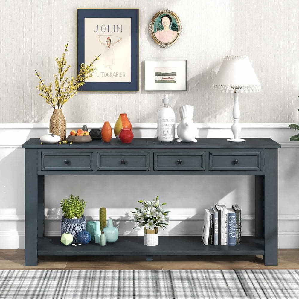 Polibi 63 in. Navy Rectangle Wood Console Table with Storage Drawers ...