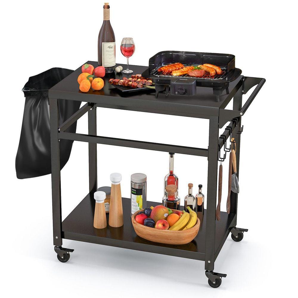 Volenca Black Double-Shelf Movable BBQ Cart Kitchen Cart with 4 ...