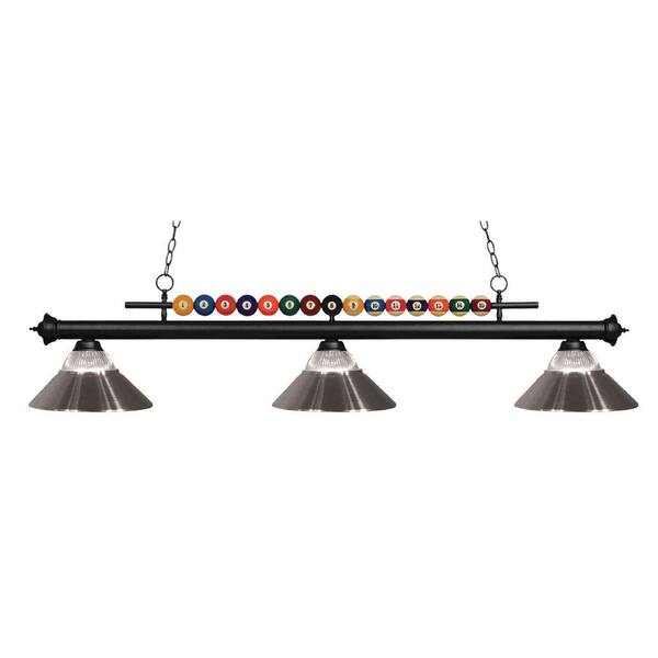 Shark 3-Light Matte Black Billiard Light with Clear Ribbed Plus Brushed ...