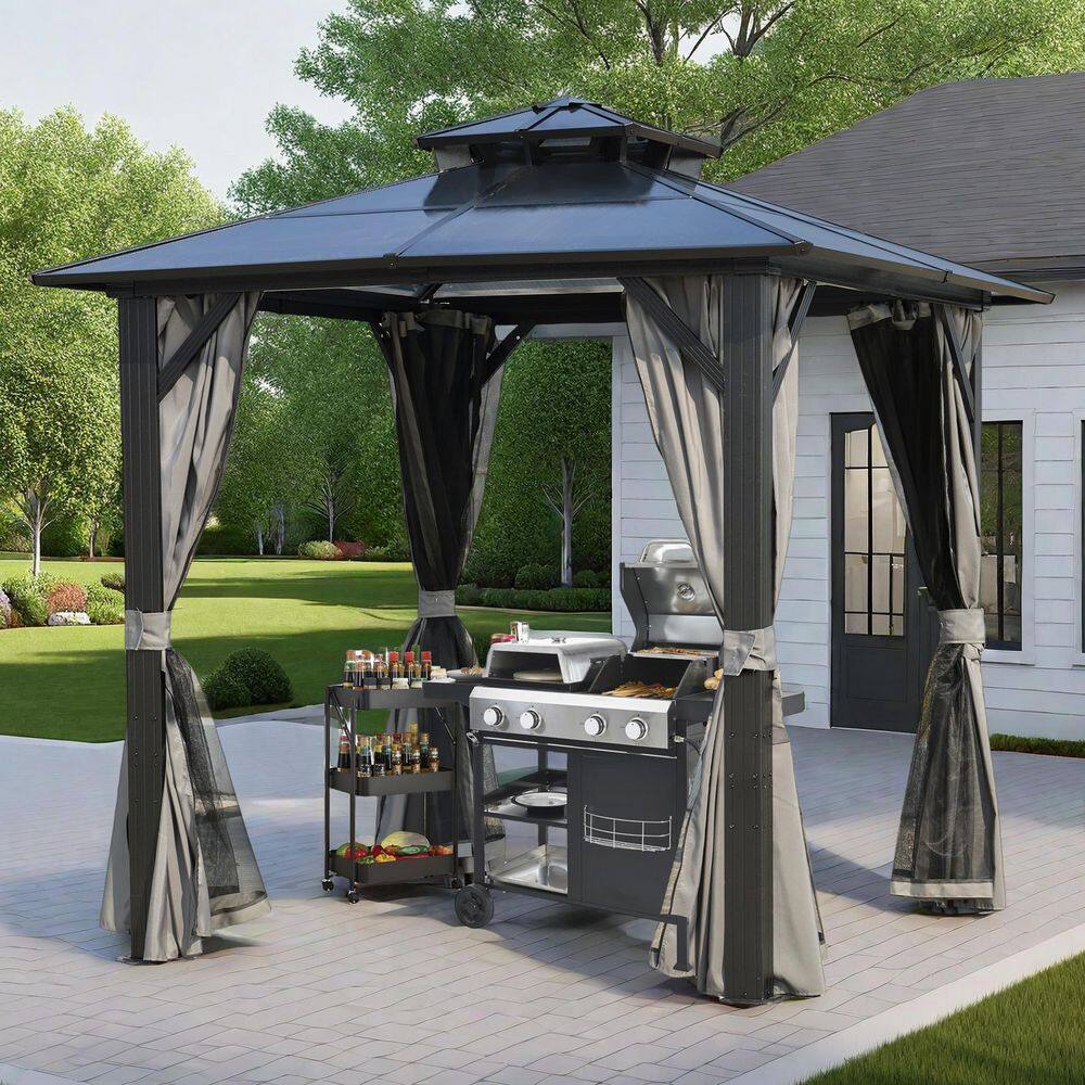 Endark 8 ft. x 8 ft. Grey BBQ Grill Gazebo with Polycarbonate Double ...