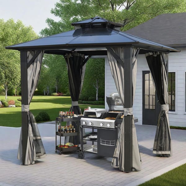 Endark 8 ft. x 8 ft. Grey BBQ Grill Gazebo with Polycarbonate Double ...