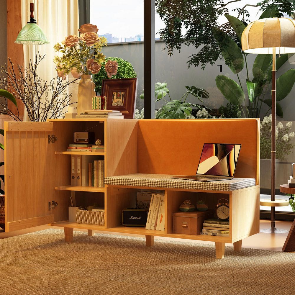 FUFU&GAGA Light Oak Dining Bedroom Bench with Padded Backrest, Hidden ...