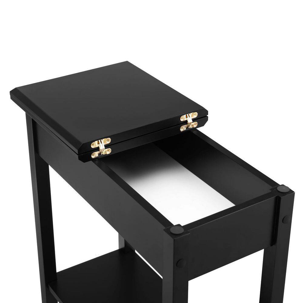 MAYKOOSH Black Narrow 1-Drawer End Table with Storage, Nightstand Flip ...