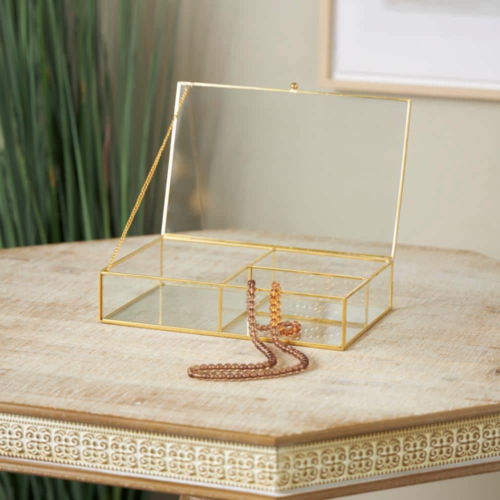 Litton Lane Clear Glass 3 Slot Jewelry Box with Gold Metal Frame and ...