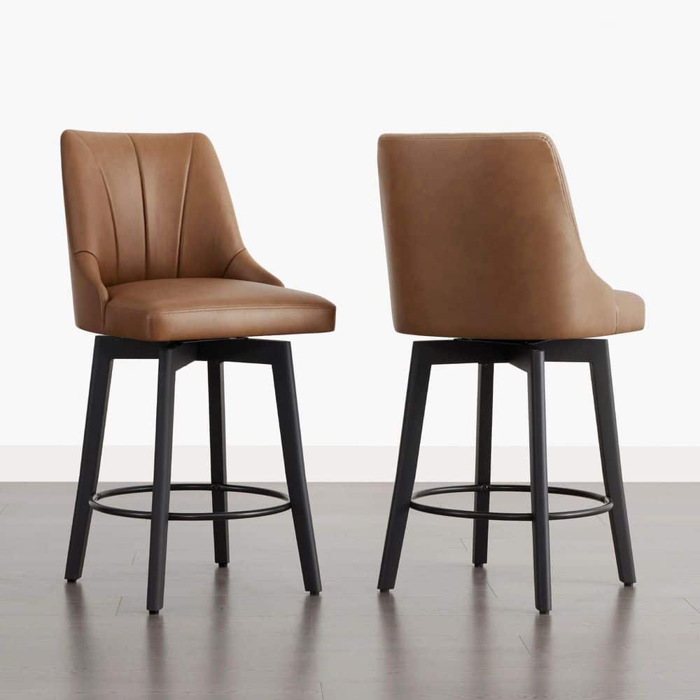 Spruce & Spring Calix 24 in. Brown Faux Leather Wood Frame 360°Swivel Counter Height Bar Stool ...