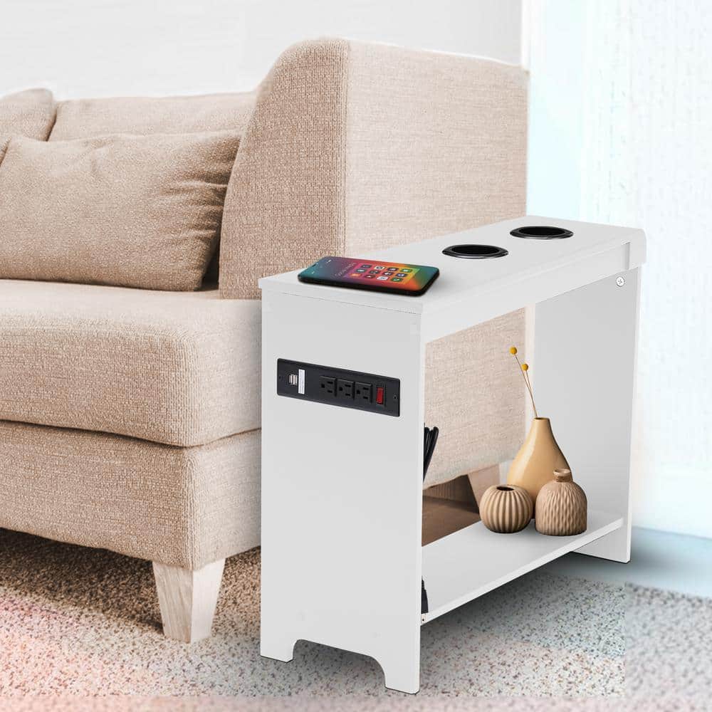 HOMESTOCK White Narrow Side Table with Charging Station, USB Ports, and ...