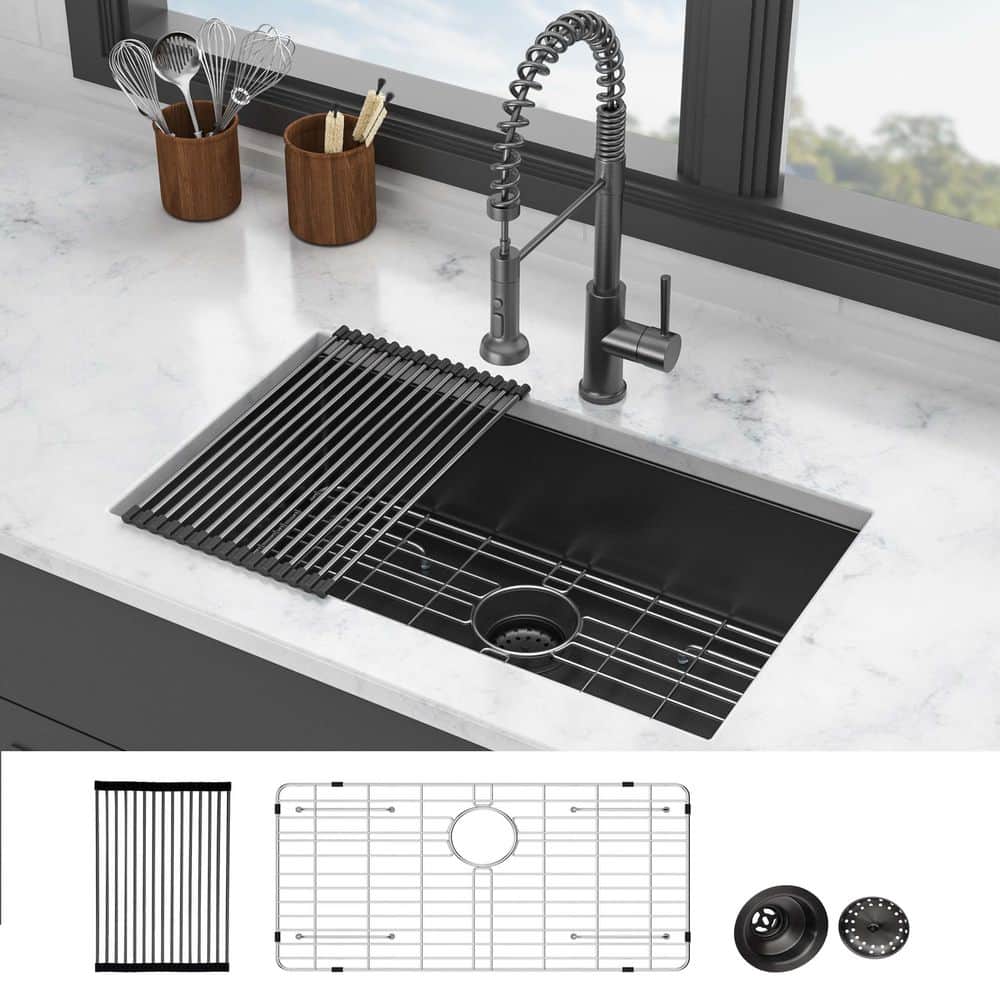 MEDUNJESS Lindra 30 in. L x 18 in. W Black Undermount Single Bowl Stainless Steel Kitchen Sink ...