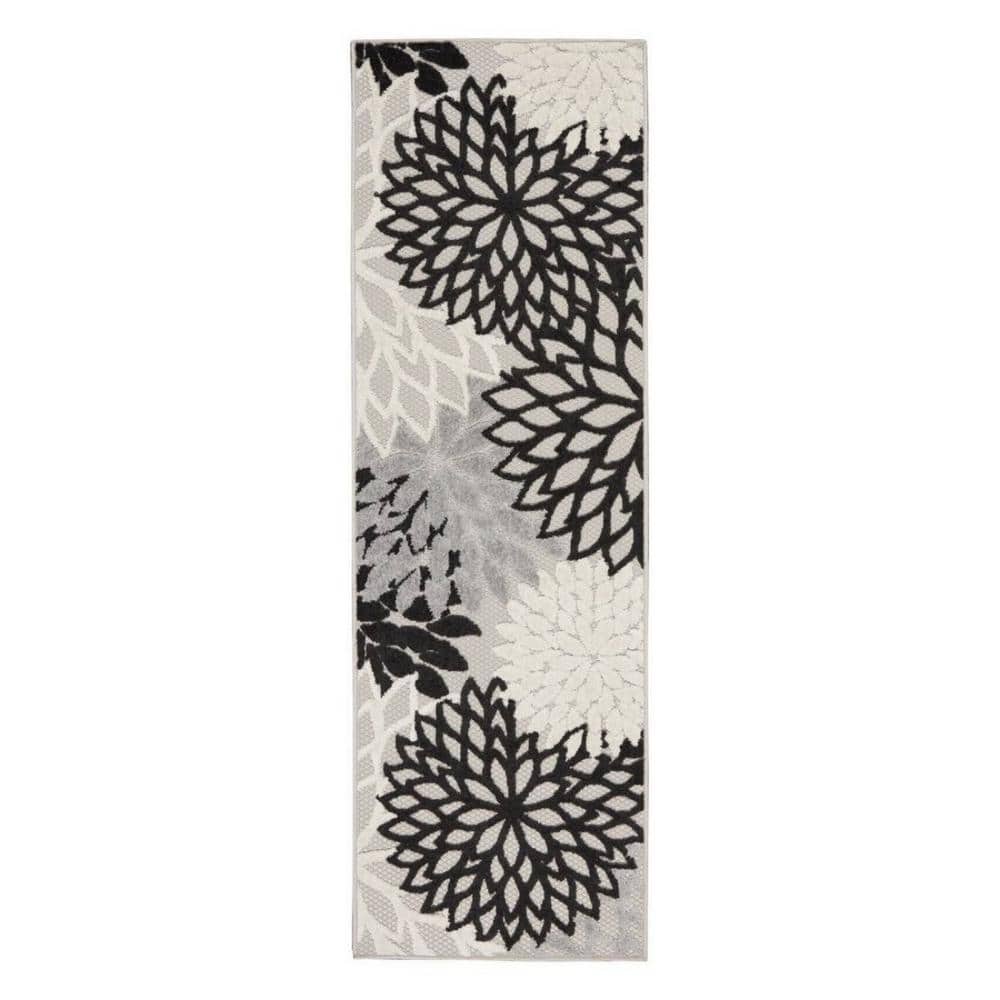 HomeRoots Charlie 2 X 12 ft. Black and White Floral Indoor/Outdoor Area ...