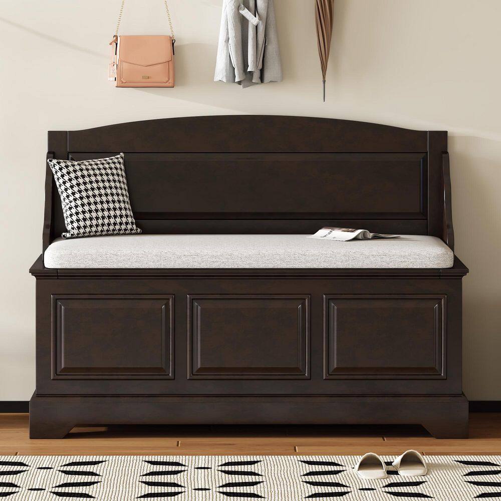 Qualler Espresso Shoe Bench with Cushion and Hidden Storage Space ...