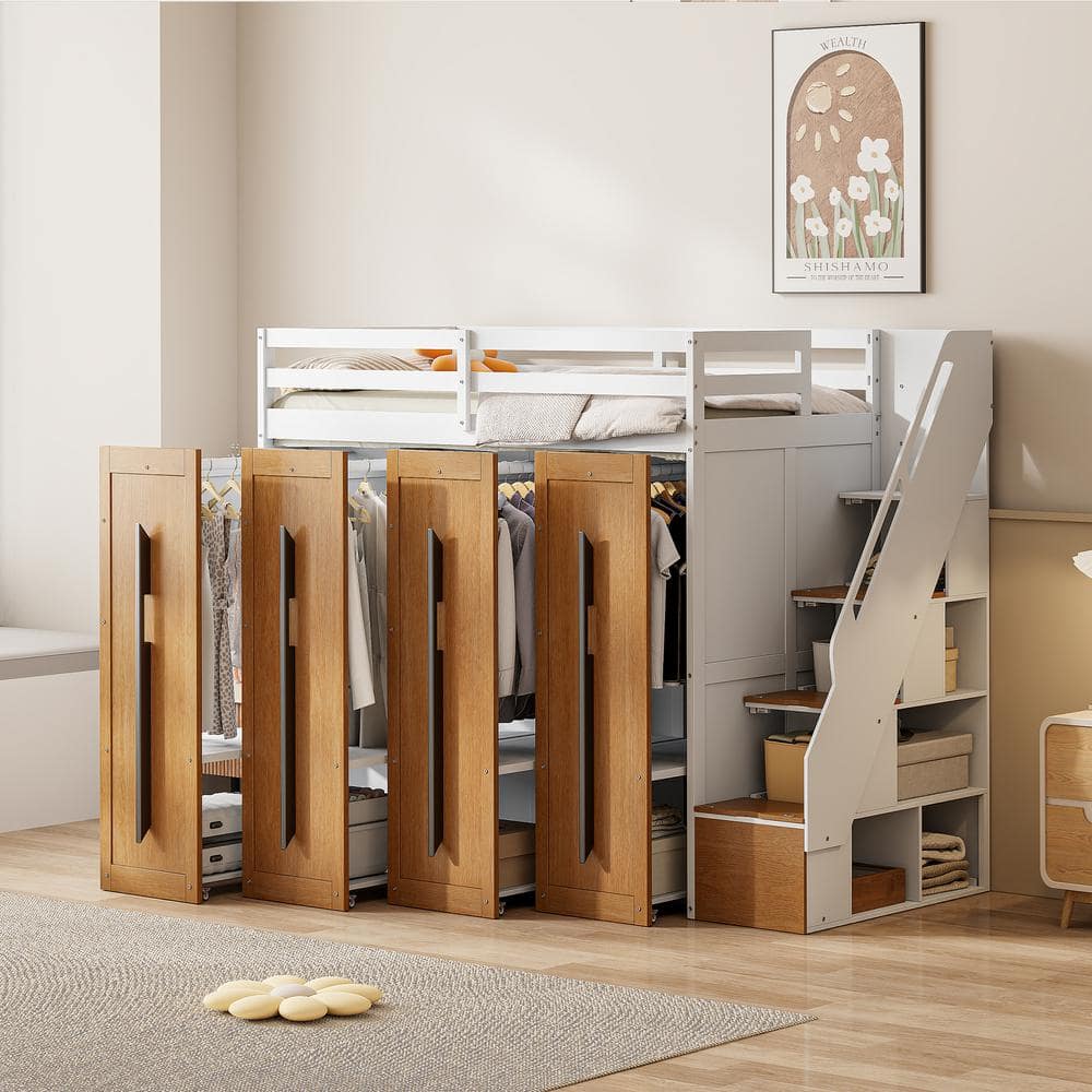 Harper & Bright Designs White Modern Wooden Twin Size Loft Bed with 2 ...