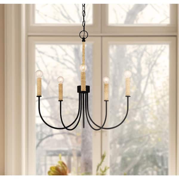 Minka Lavery 5-Light Matte Black Chandelier with Natural Abaca Wrap ...