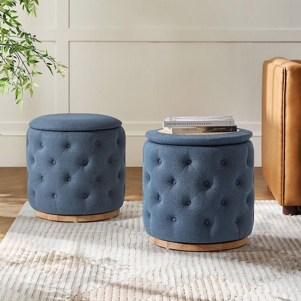 JAYDEN CREATION Tiffany Navy Polyester Round Ottoman with 360° Swivel ...