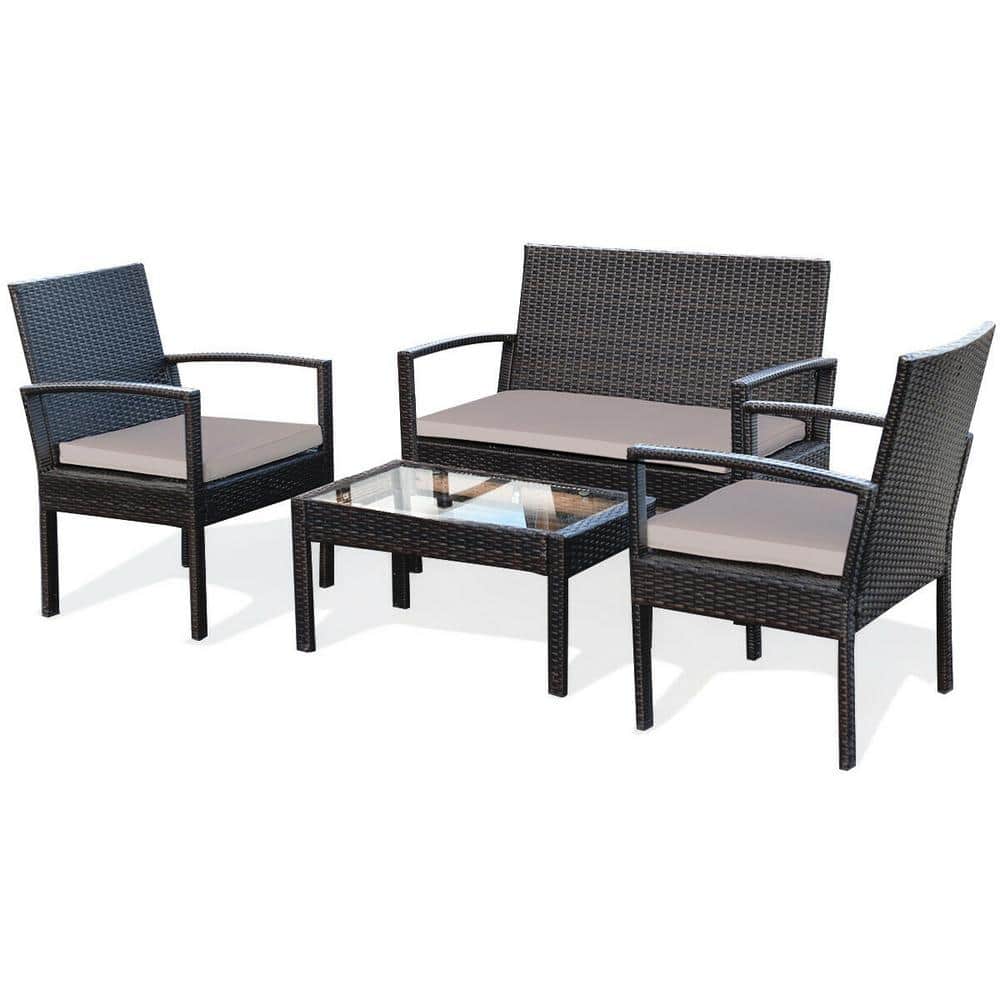 4-Piece Wicker Furniture Patio Conversation Set with Brown Cushions and Coffee Table WF ...