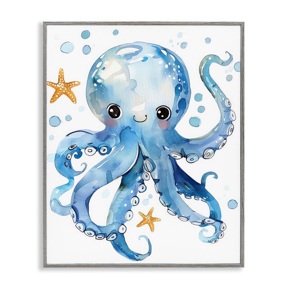Stupell Industries Happy Smile Octopus by Franklyn Gregory Gray Framed Animal Giclee Art Print ...