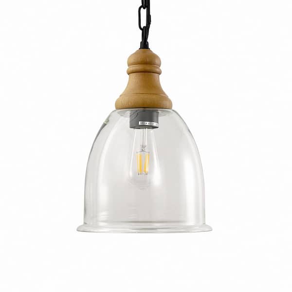 Emeritpro Modern 1-Light Wood Grain Cone Pendant Light with Glass Shade ...