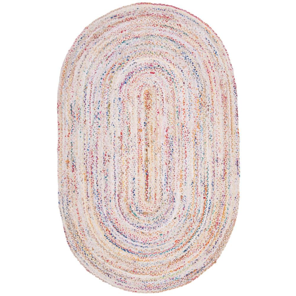 SAFAVIEH Braided Ivory/Multi 7 ft. x 9 ft. Oval Border Area Rug BRD210B ...