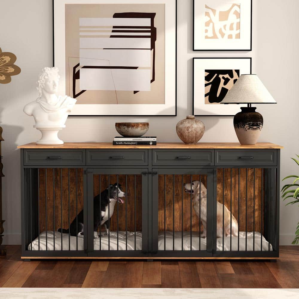 FUFU&GAGA 86.6 in. Wooden Dog Cage Furniture with 4 Drawers and Dividers, Large Dog Kennels ...