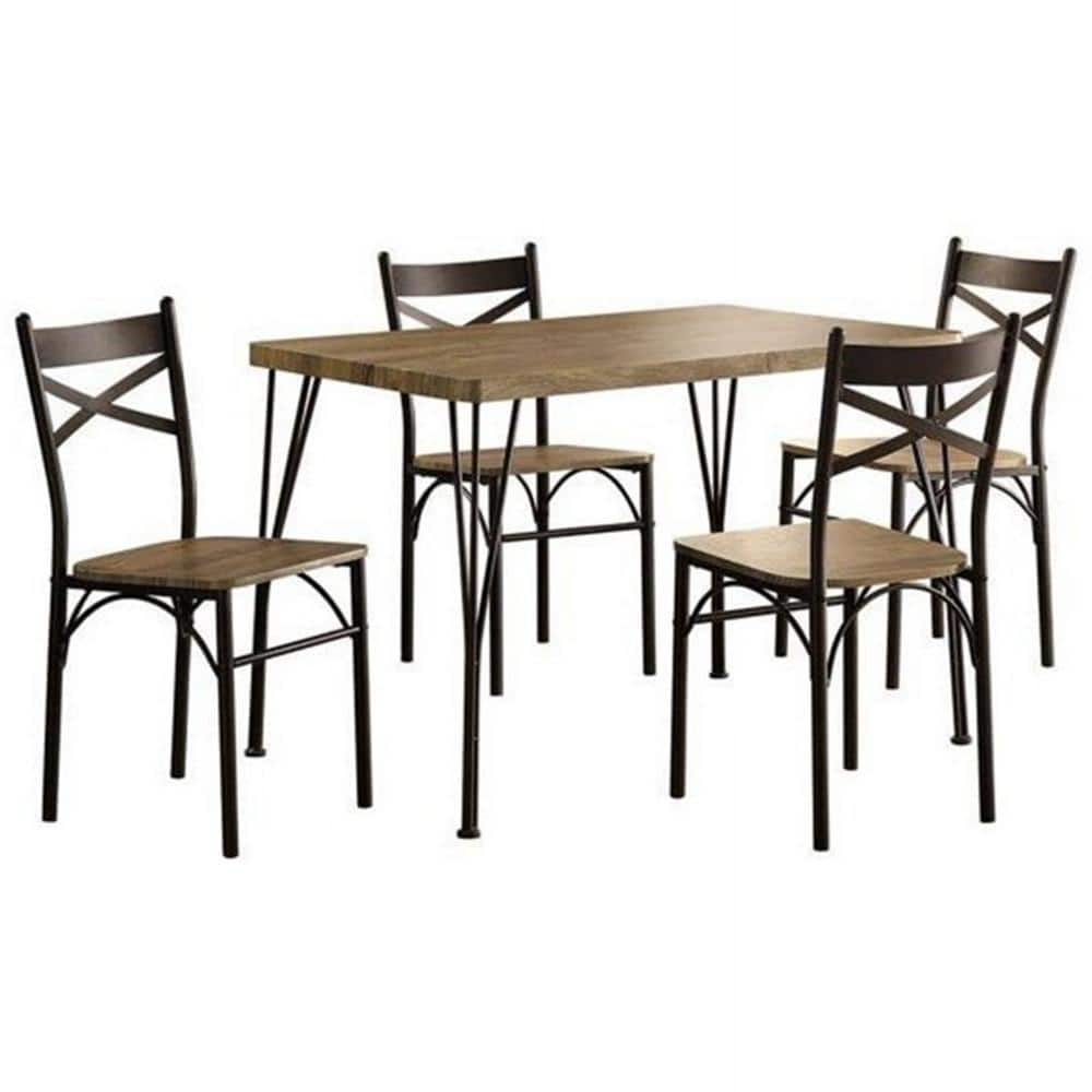 Benjara 5-Piece Rectangle Brown and Bronze Wood Top Dining Table and ...