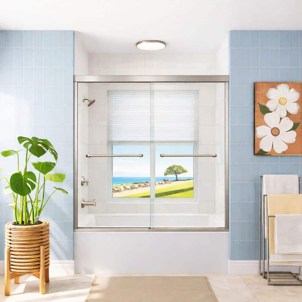 HOROW 56 in. - 60 in. W x 60 in. H Double Sliding Semi-Frameless Tub ...