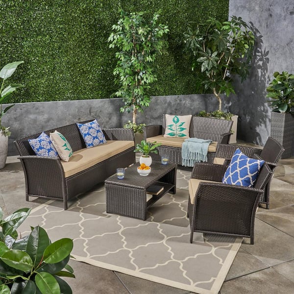 Anton Outdoor 7 Seater Wicker Chat Set with Cushions Brown Tan