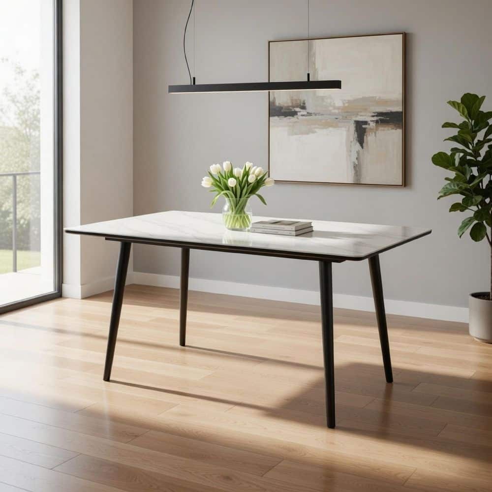 Benjara Aikya White Stone Rectangle 35 in. 4-Legs Base Dining Table ...