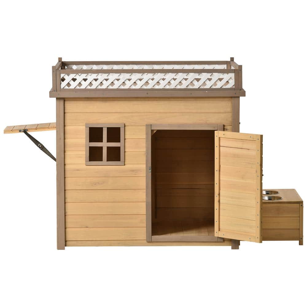 Kahomvis Animal House 39.4 in. Wood Small Dog House with Wood Feeder ...