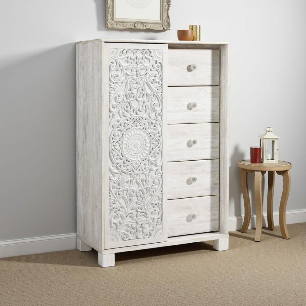 Benjara Paxy Whitewash 5-drawer 19 in. Wide Tall Chest of Drawers ...