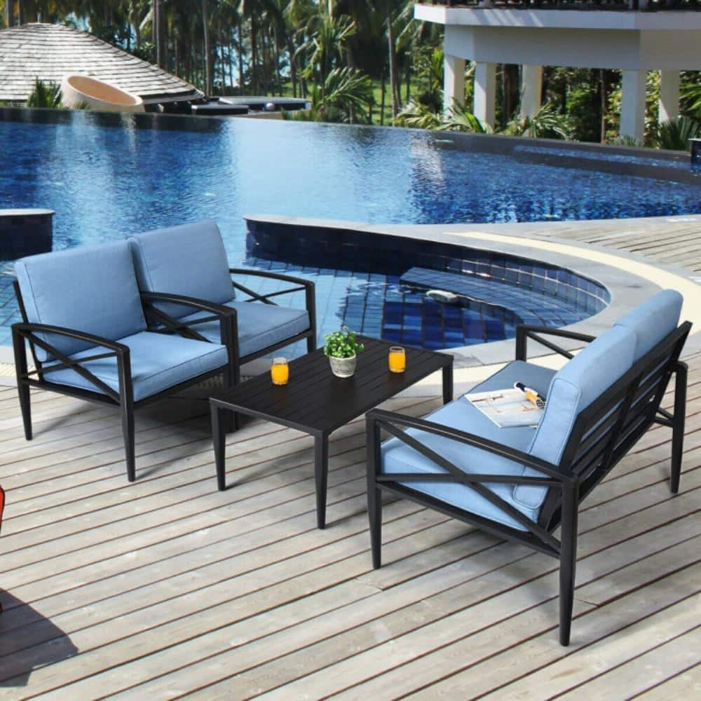 Kadehome 4-Piece Aluminum Frame Patio Conversation Set with Blue ...