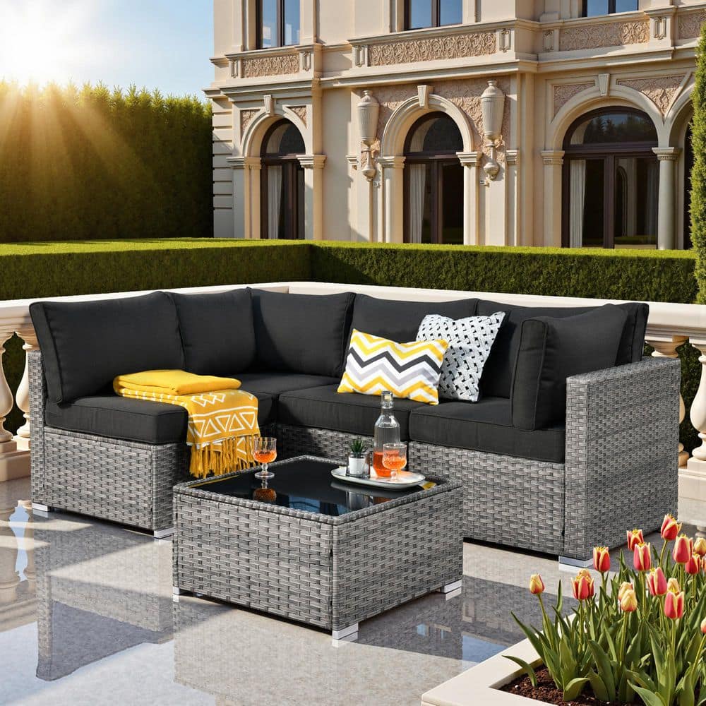 Caodoc Elora Gray 5‑Piece Wicker Outdoor Sectional Sofa Set with Black ...