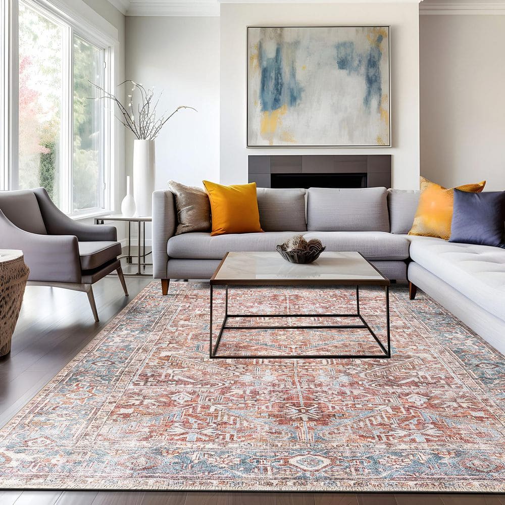 World Rug Gallery Vintage Distressed Machine Washable Red 9 ft. x 12 ft ...