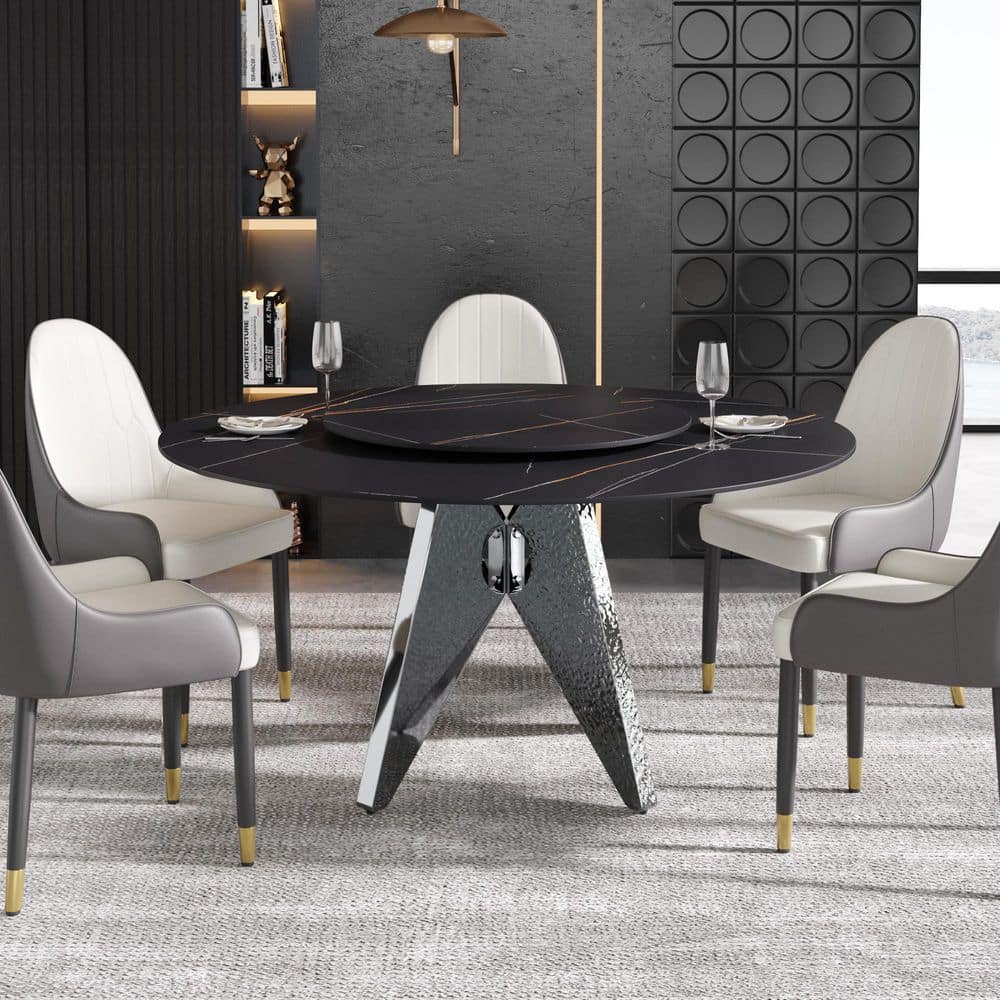 Magic Home 59 in. Black Rotable Lazy Susan Sintered Round Stone ...