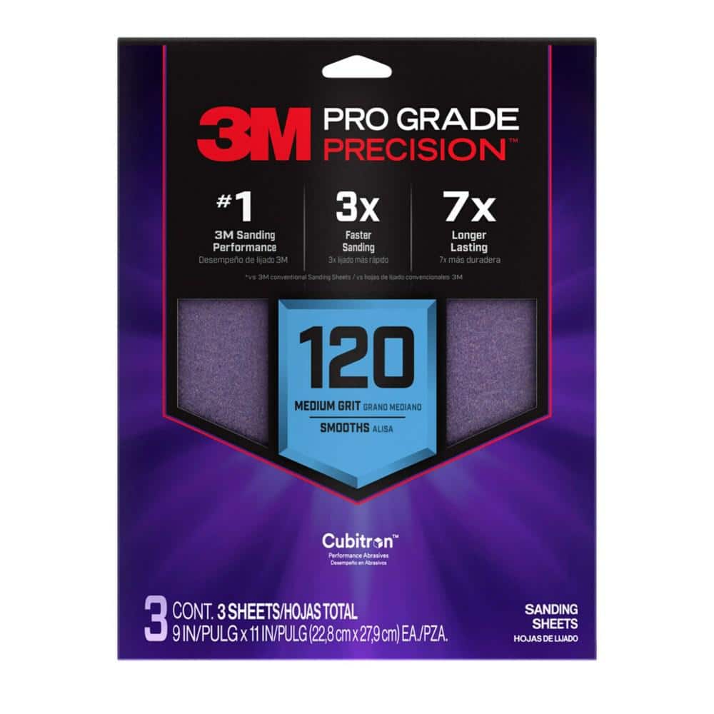3M Pro Grade Precision 9 in. x 11 in. 120 Grit Faster Sanding Sheet With No-Slip Grip Backing (3 ...